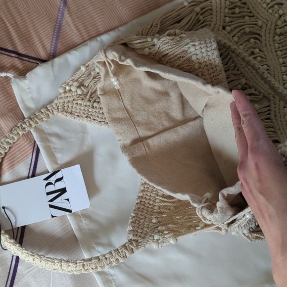 Zara | Bags | Zara Macrame Rope Beaded Shoulder Tote Bag Cream Beige ...